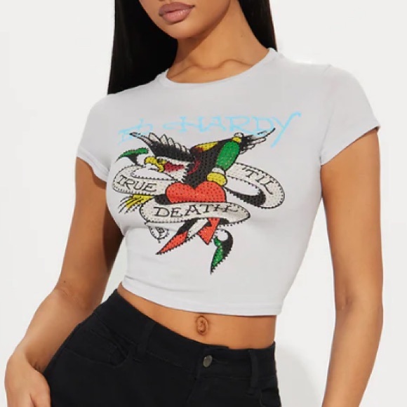 Ed Hardy | Tops | Nwt Ed Hardy Grey Graphic Baby Tee Rhinestone True ...